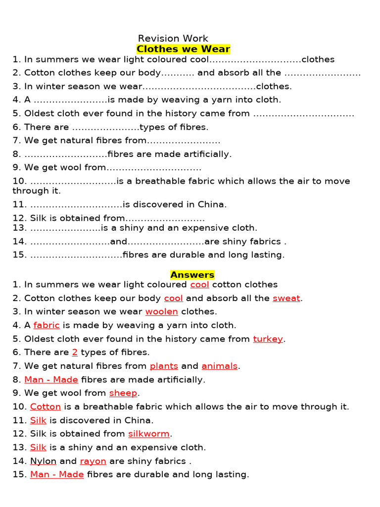 Revision Work of Clothes We Wear | PDF