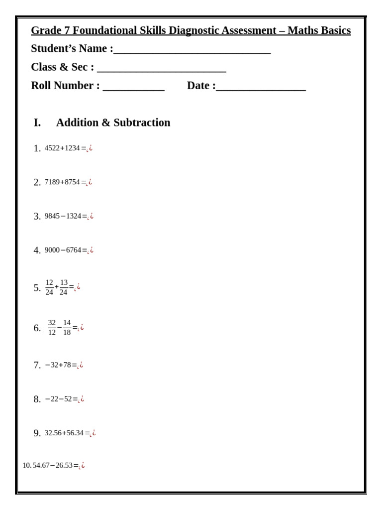 Grade 7 Foundational Skills Diagnostic Assessment (ABFG) | PDF
