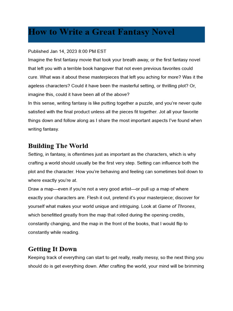 How To Write A Great Fantasy Novel | PDF