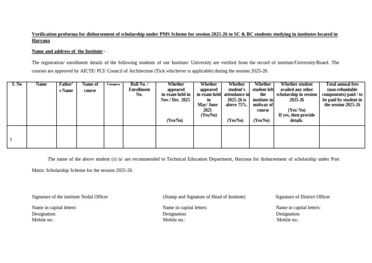 Verification Proforma For Disbursement of Scholarship Under PMS Scheme ...