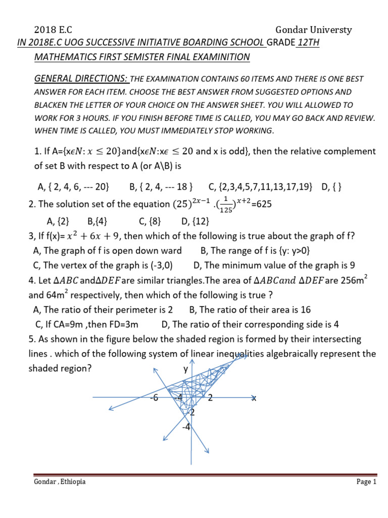 Grade 12th Maths Final Exam 2018 | PDF