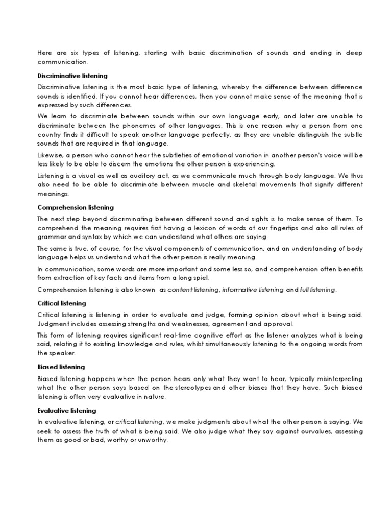 Six Types of Listening Explained | PDF | Nonverbal Communication ...