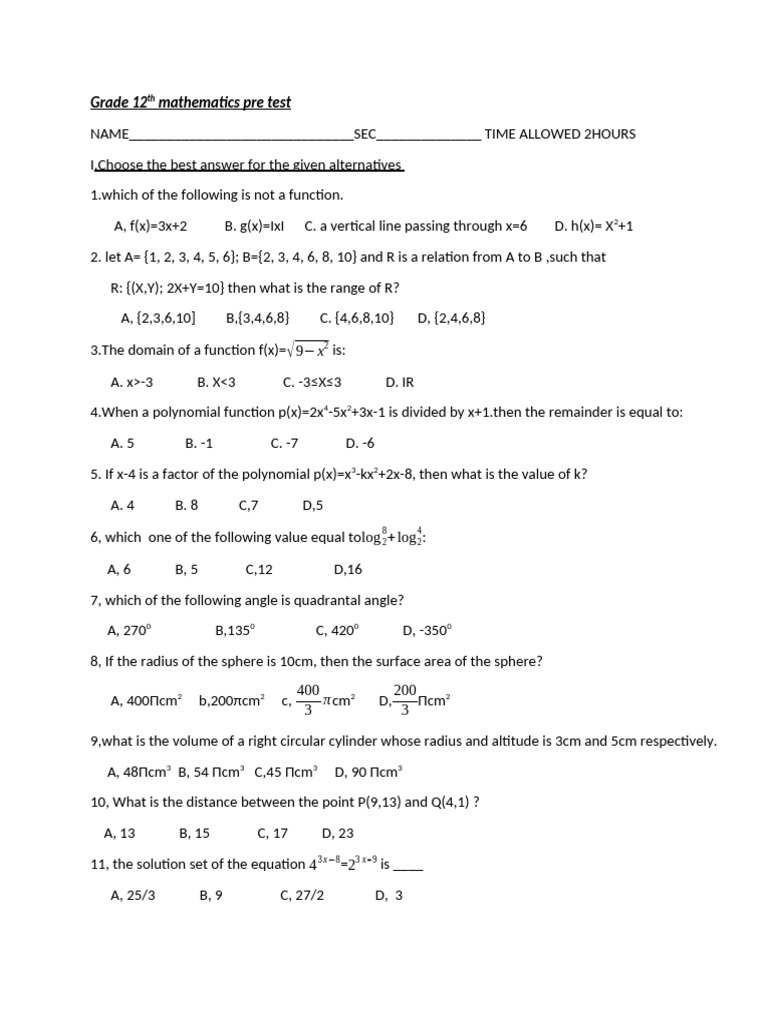 Grade 12th Mathematics Pre Test | PDF