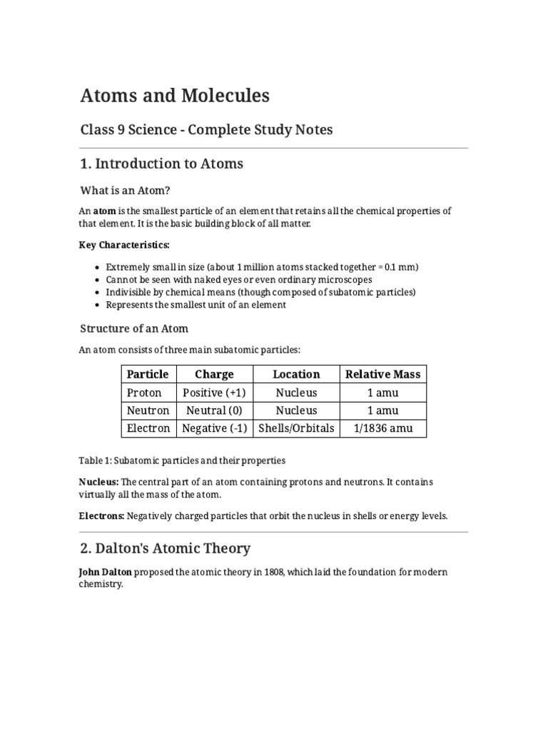 Atoms and Molecules Class 9 | PDF