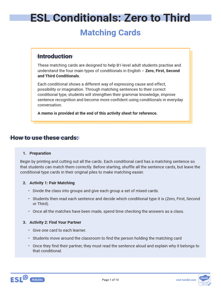 T 1760612546 Esl Conditionals Zero To Third Matching Cards Adults b1 ...