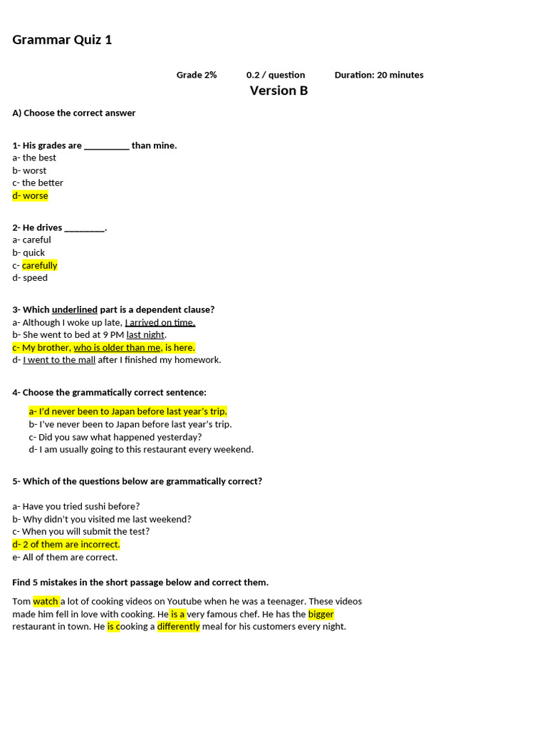 Grammar Quiz 1 Version B | PDF
