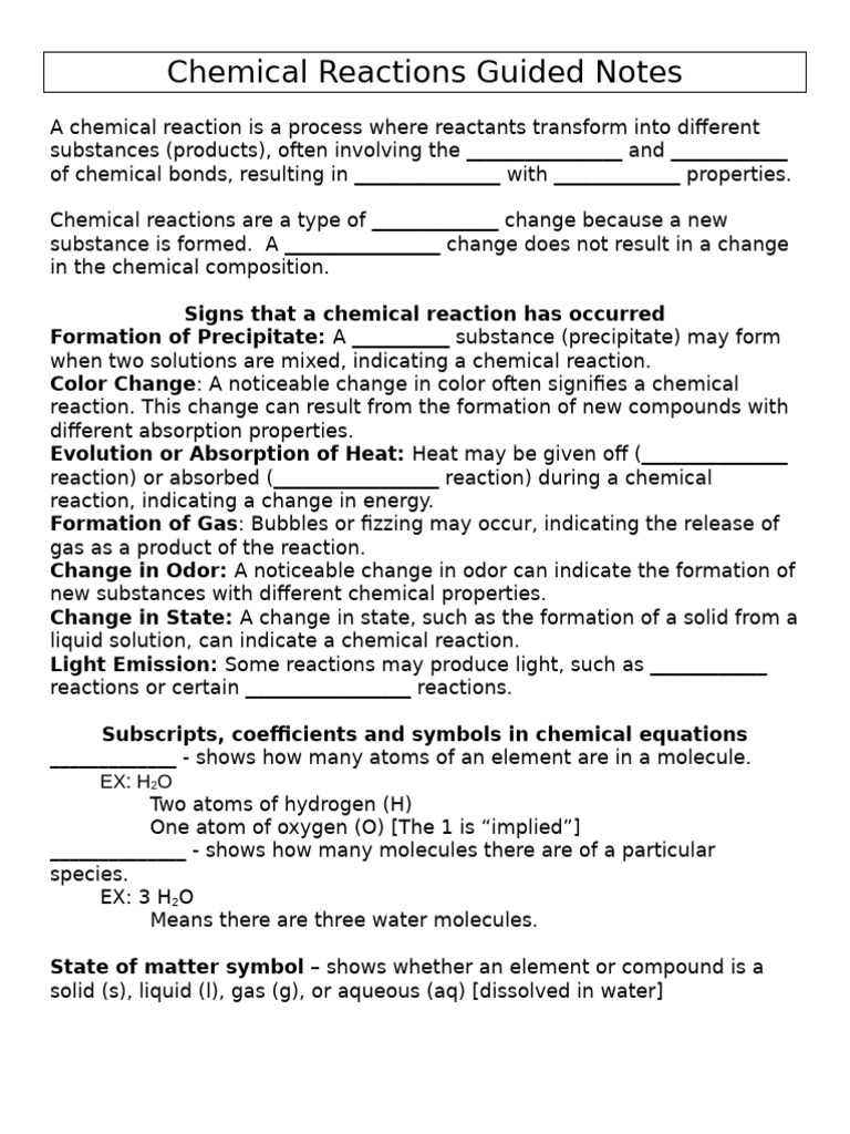 Chemical Reactions Guided Notes: Ex: H O | PDF