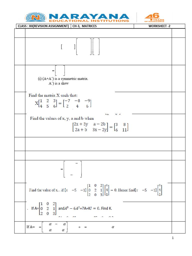 Matrices Worksheet - 2 | PDF