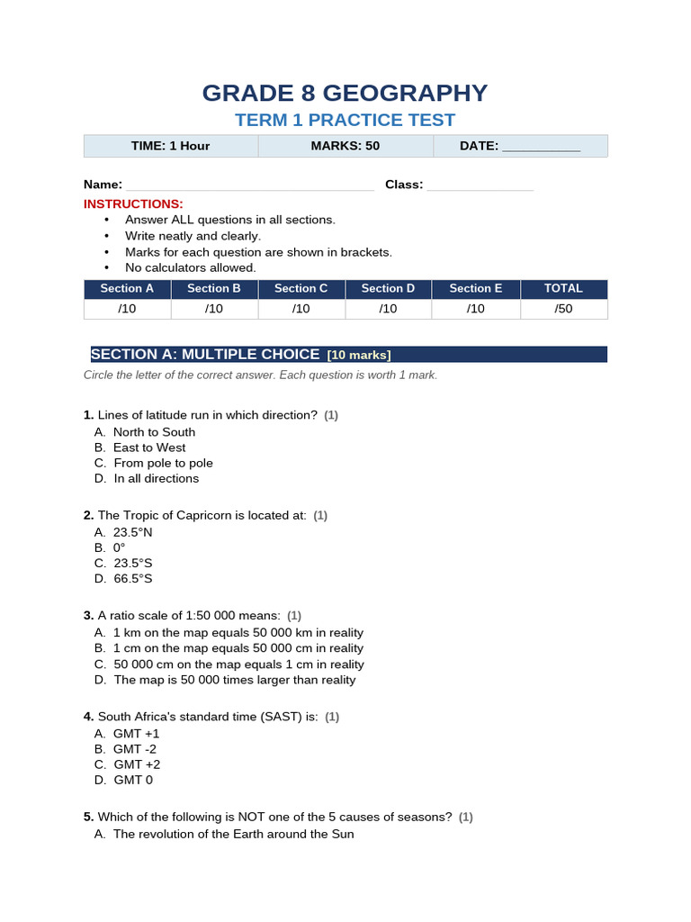 Grade8 Geography Practice Test | PDF
