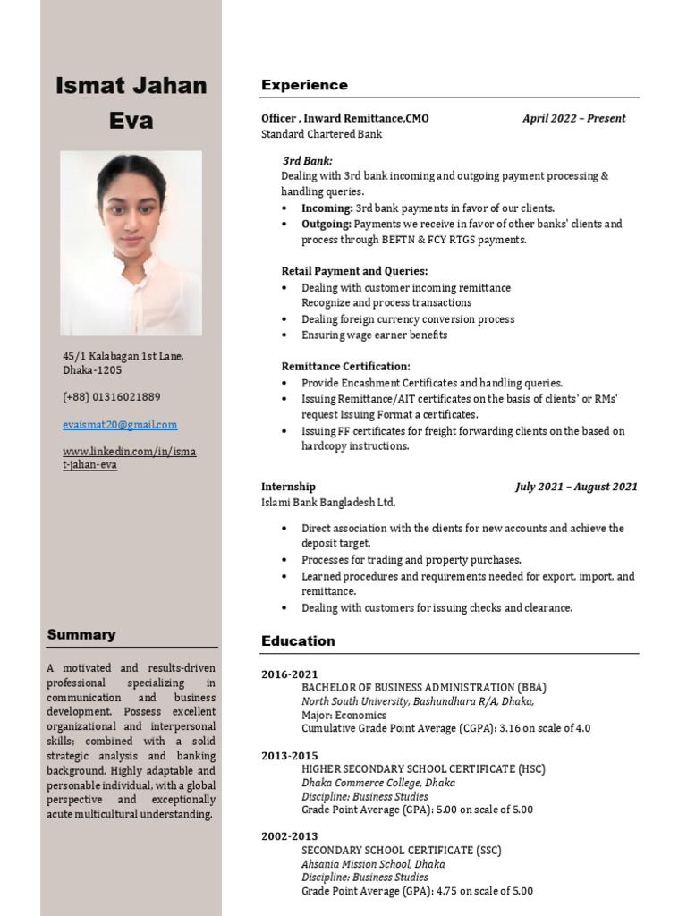 Ismat Jahan Eva CV | PDF