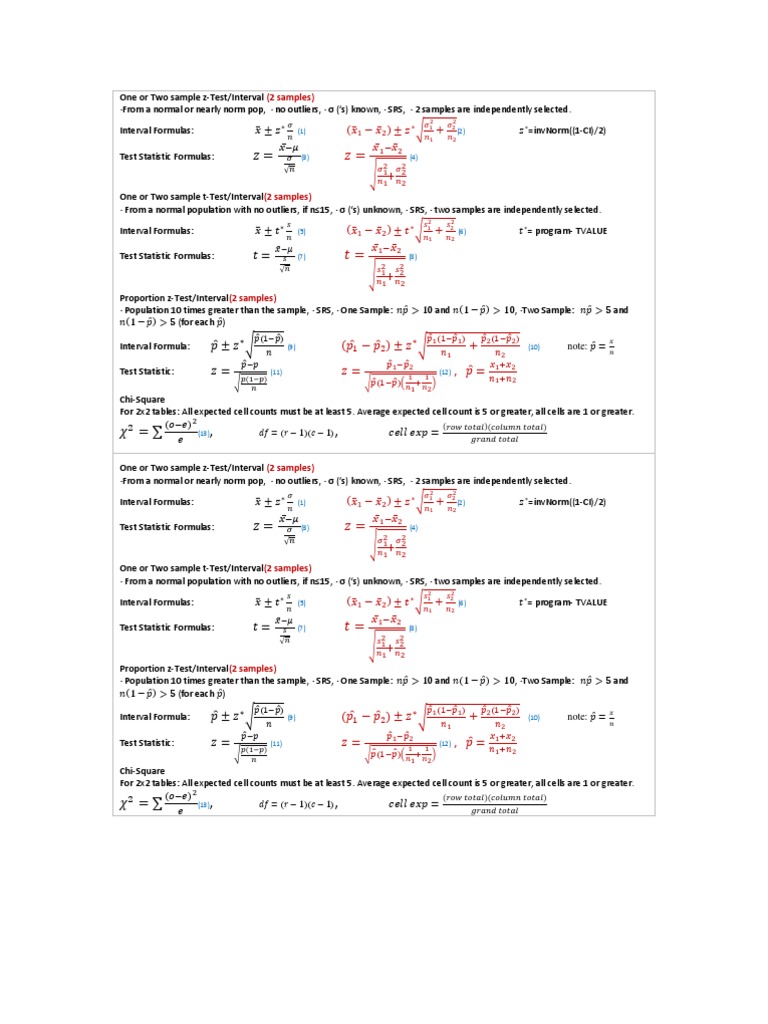 Statistics Note Card Front and Back | PDF | Student's T Test ...