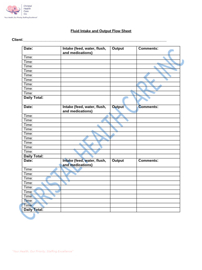 Fluid Intake and Output Flow Sheet | PDF