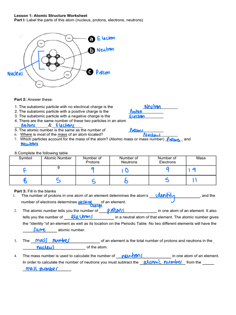 Lesson 1 Atomic Structure ANSWERS | PDF