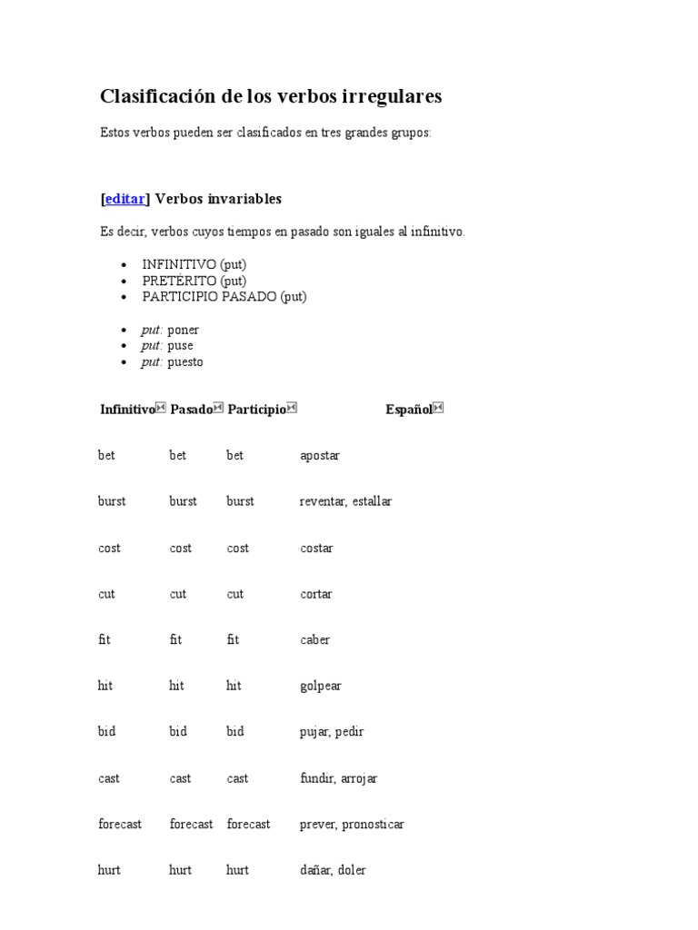 Clasificación de Los Verbos Irregulares | PDF | Relaciones sintácticas ...