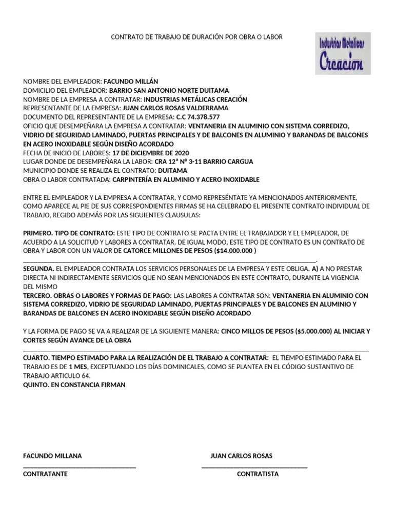Contrato de Trabajo de Duracion Por Obra o Labor | PDF