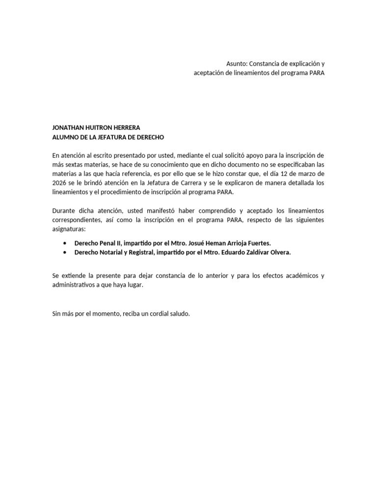 Constancia de Explicación Huitron Herrera | PDF