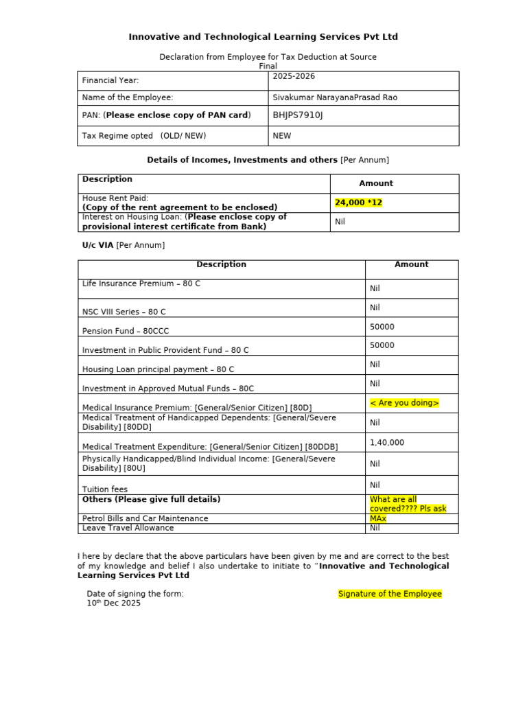 Siva - IT Declaration Form 2025-26 | PDF