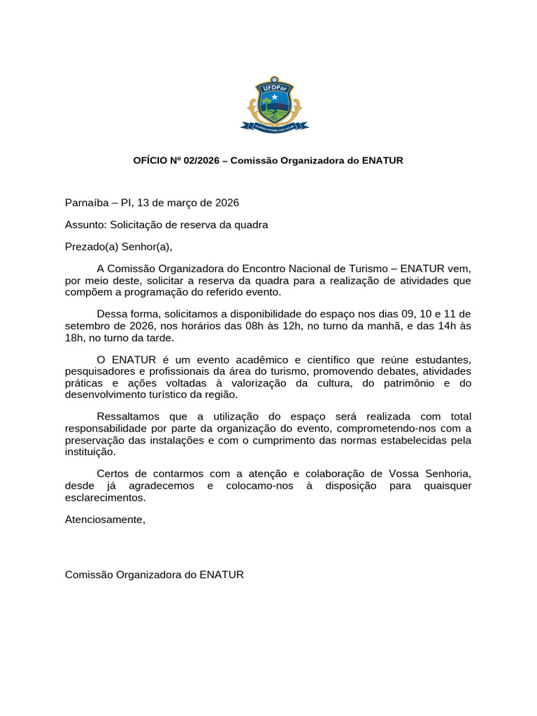 Ofício Da Quadra Enatur 2026 | PDF