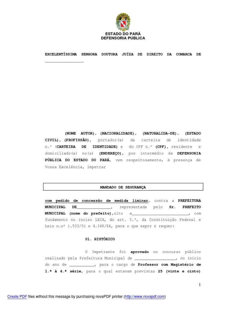 Modelo Mandado de Segurança Nomeação Cargo Público | PDF | Mandamus ...