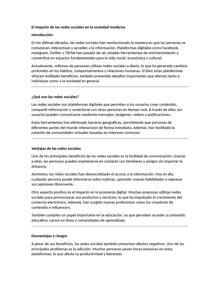 El Impacto de Las Redes Sociales en La Sociedad Moderna | PDF ...