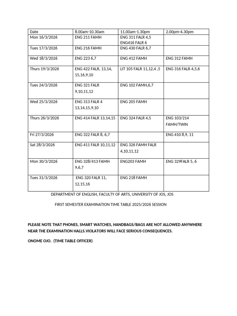 2026 Final First Semester Exam Timetable | PDF
