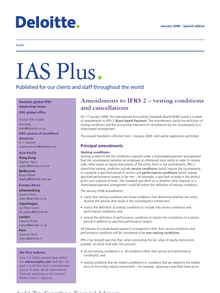 IAS Plus: Amendments To IFRS 2 - Vesting Conditions and Cancellations ...