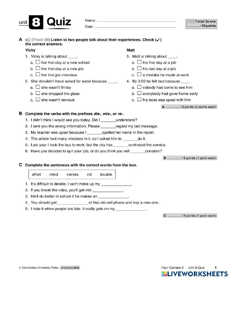 Four Corners 4-Unit 8 Quiz | PDF