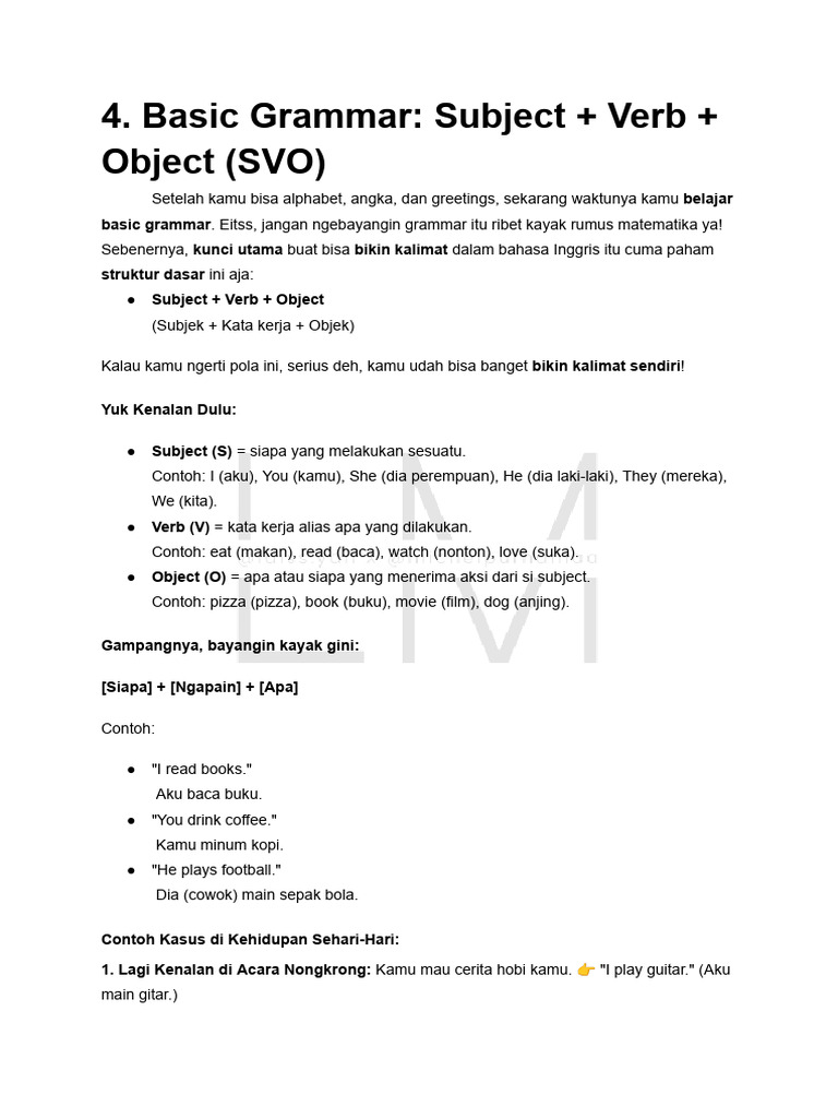 Basic Grammar - Subject + Verb + Object (SVO) | PDF