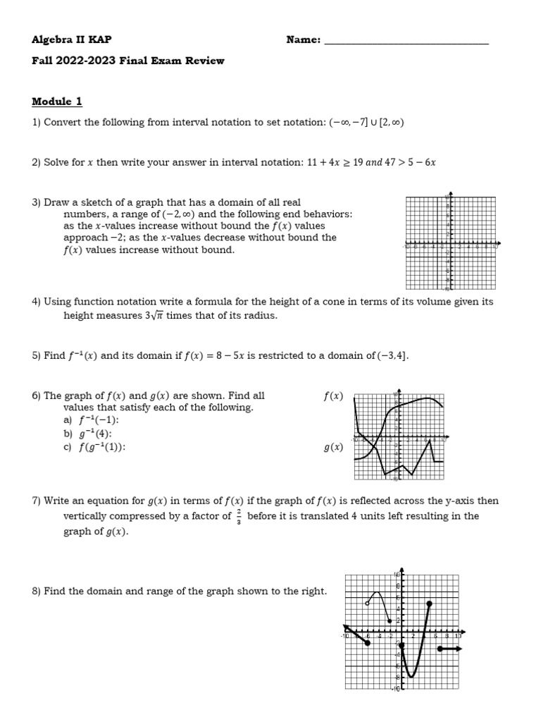 Algebra II Fall Semester Review 2022-2023 | PDF
