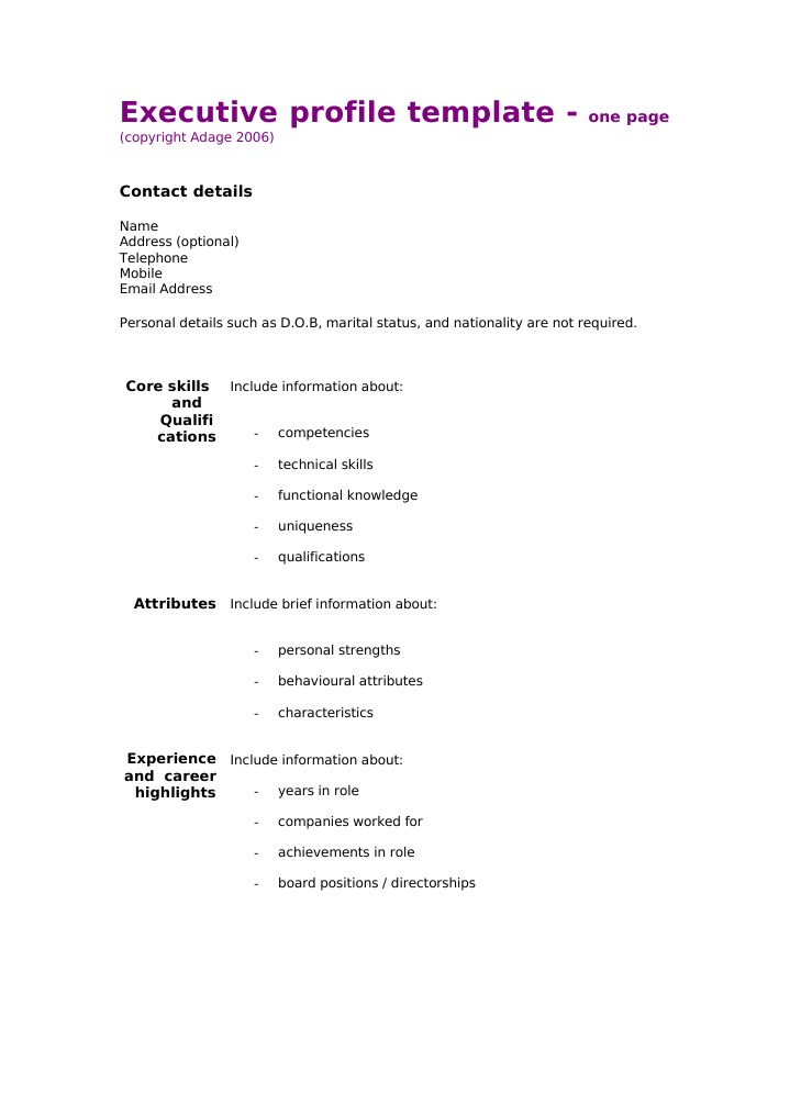 One-Page Executive Profile Template | PDF