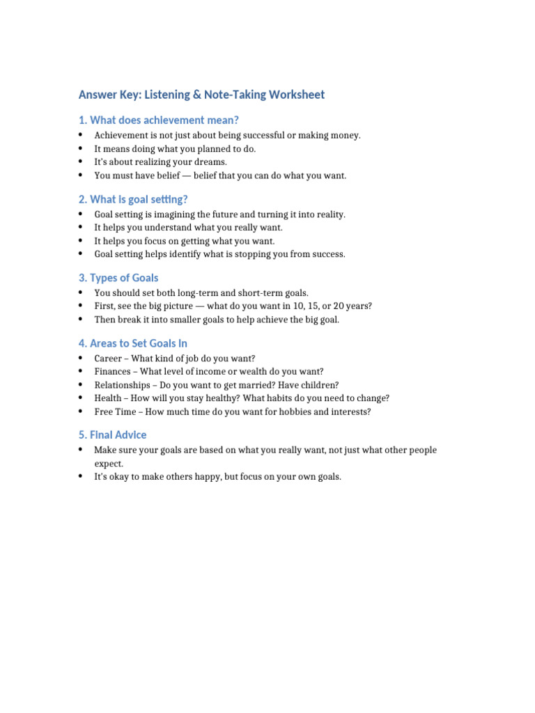 Answer Key Listening Note Taking Goal Setting | PDF