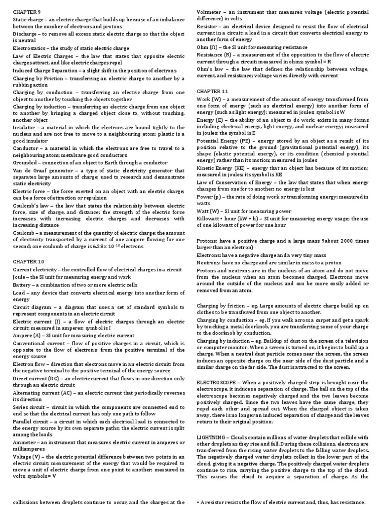 Science Probe 9 Cheat Sheet Ch9-11 | PDF | Electric Current | Voltage