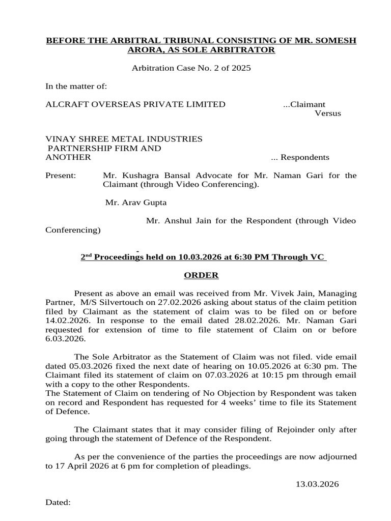 Order Sheet Alcraft Dated 13.03.2026 | PDF