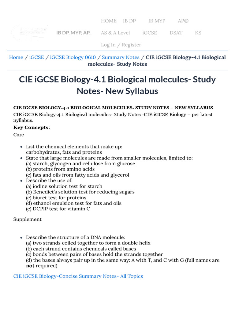 CIE IGCSE Biology-4.1 Biological Molecules - Study Notes | PDF