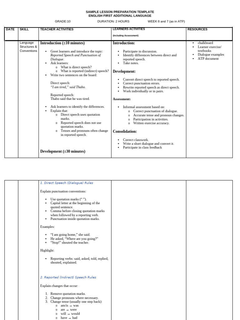 Language Term 1 Week 4 Lesson Plan - Docx On REPORTED SPEECHdocx | PDF