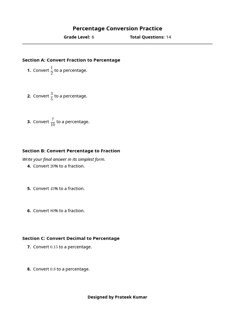 Percentage Conversions Worksheet | PDF