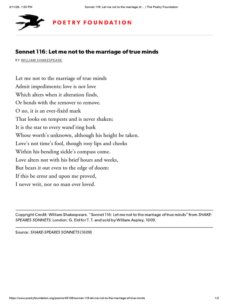 Sonnet 116 - Let Me Not To The Marriage of - The Poetry Foundation | PDF