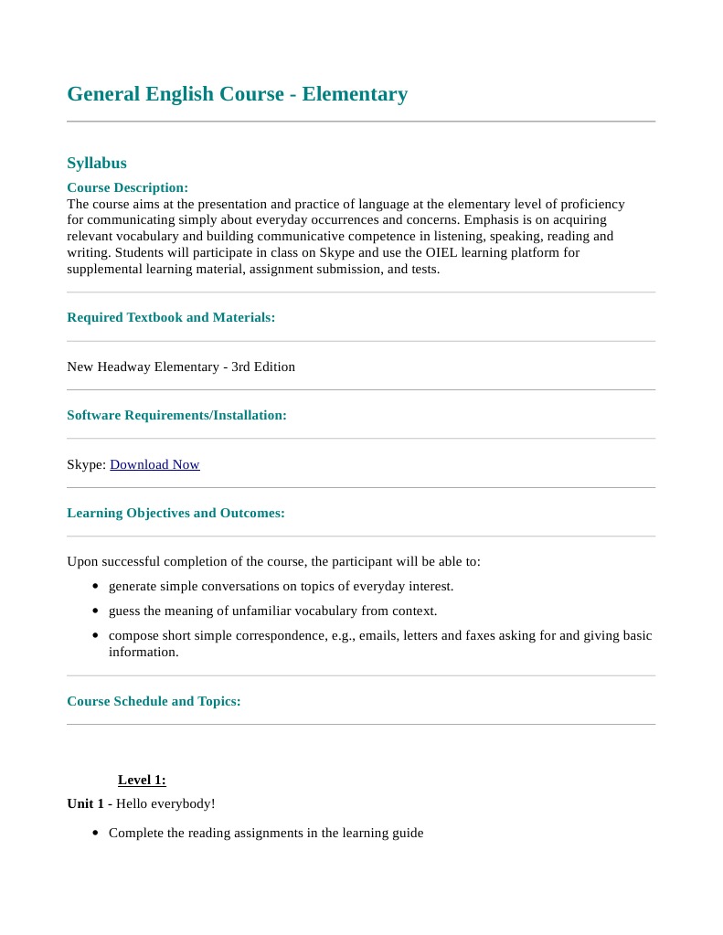 General English Course: Elementary Syllabus | PDF | Test (Assessment ...