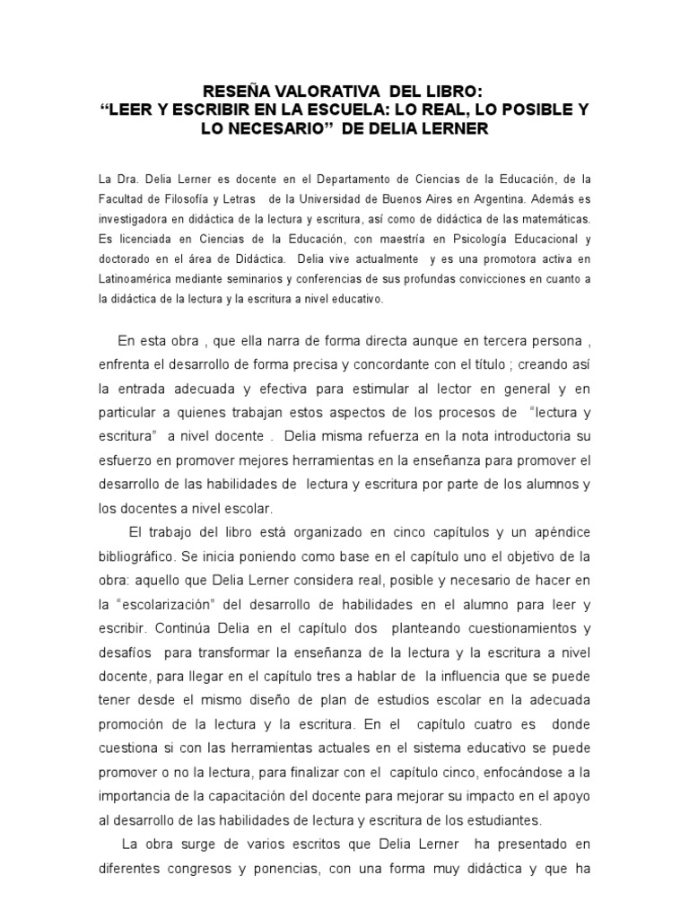 Delia Lerner - Leer y Escribir en La Escuela RESEÑA | PDF | Escritura | Maestros