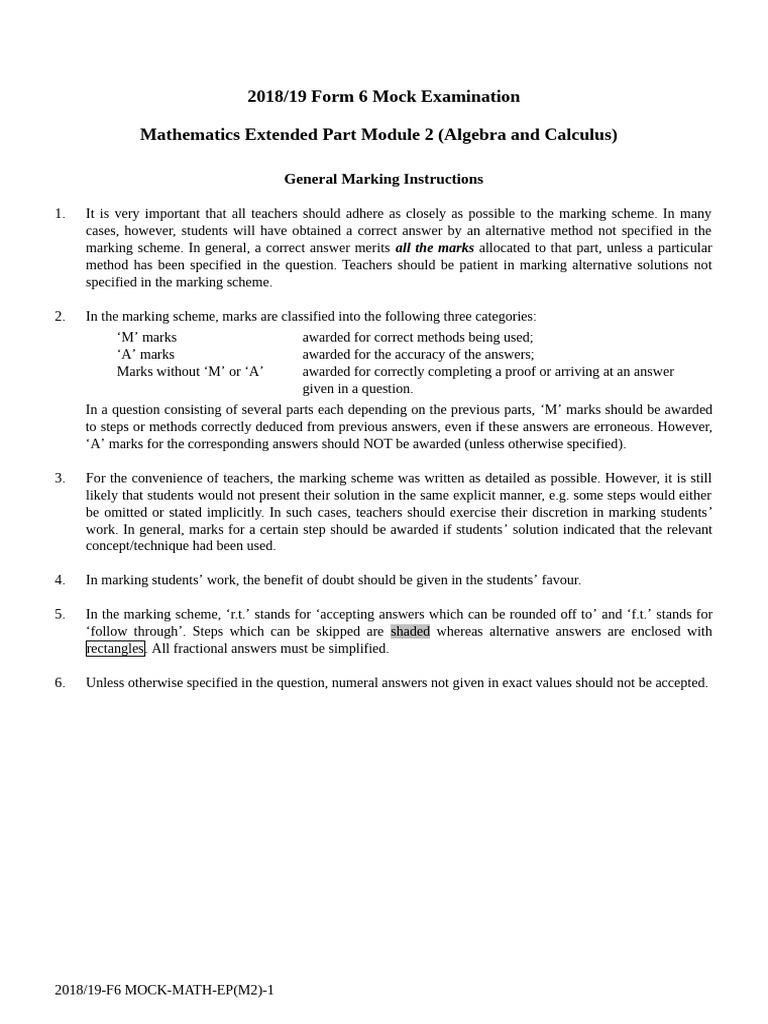2018/19 Form 6 Mock Examination Mathematics Extended Part Module 2 ...