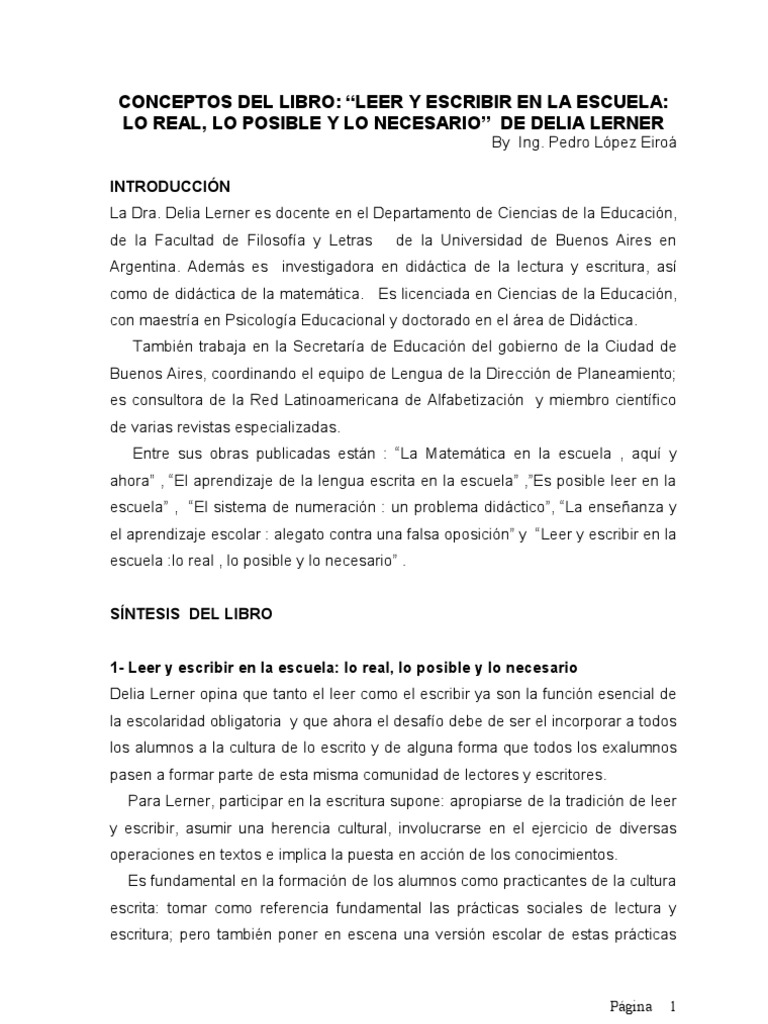 Leer y Escribir en La Escuela - Delia Lerner | PDF | Plan de estudios | Maestros