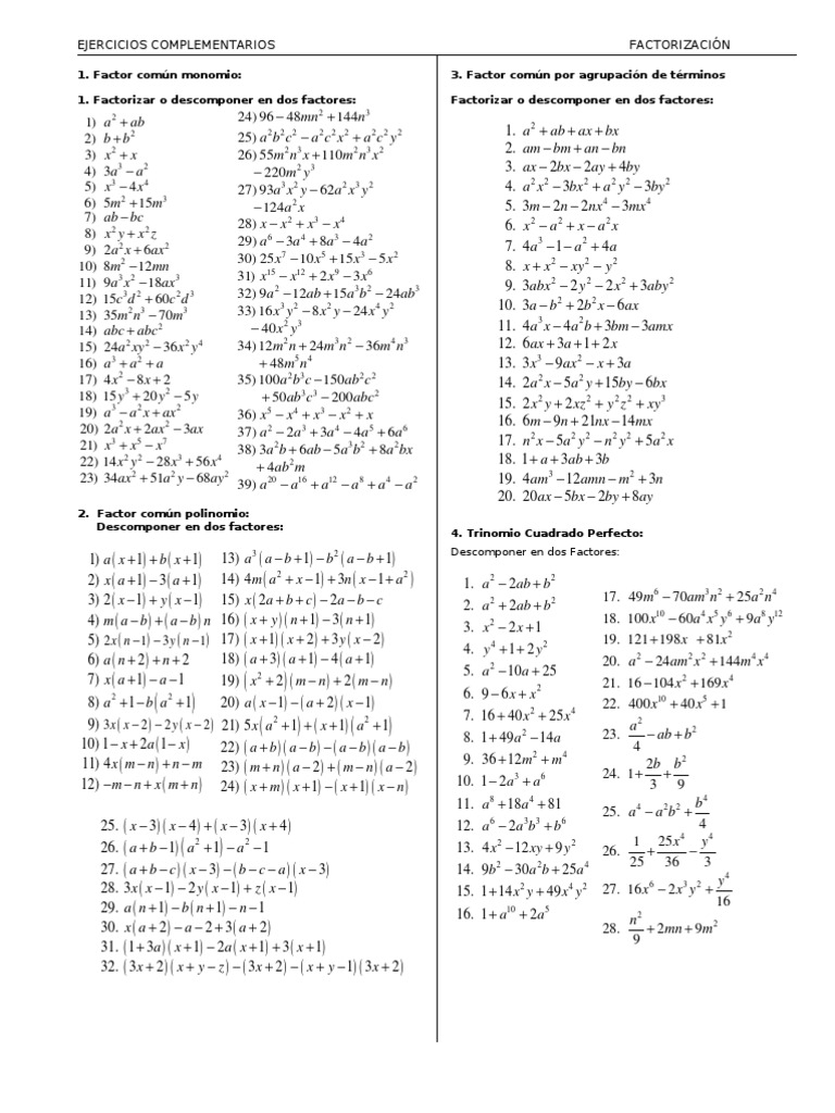 Factorizacion, Ejercicios | PDF | Matemática Elemental | Álgebra