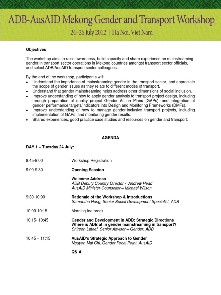 ADB-AusAID Mekong Gender and Transport Workshop Agenda | PDF | Gender ...