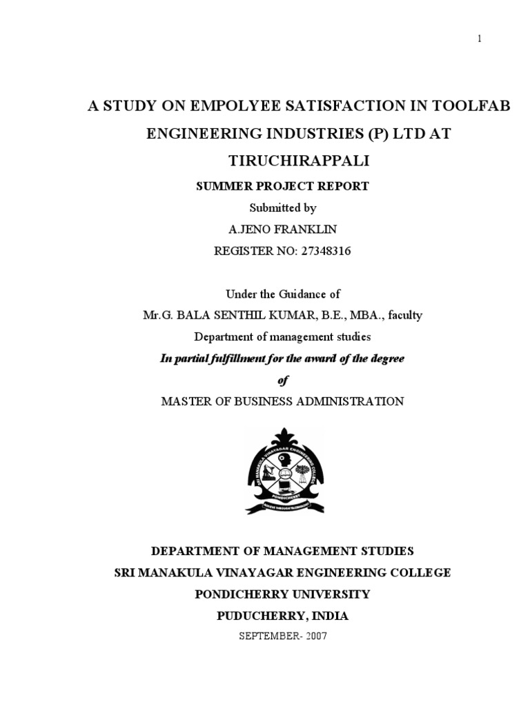 A Study On Employee Satisfaction in TOOLFAB ENGINEERING | PDF | Job ...