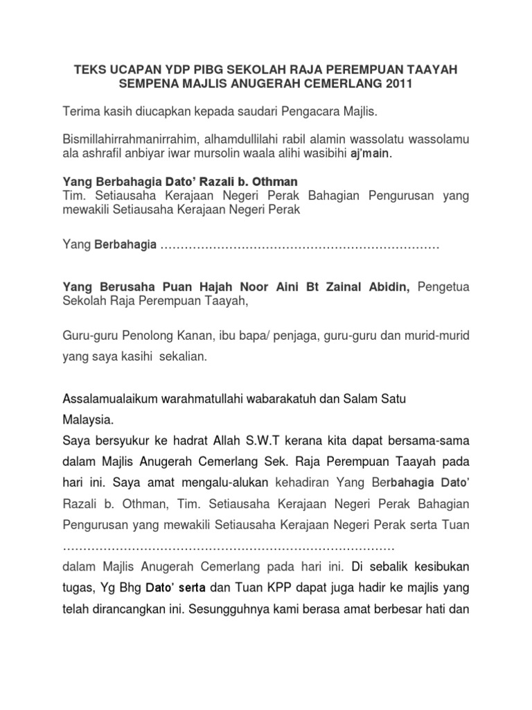 Teks Ucapan Ydp Pibg Sekolah Raja Perempuan Taayah | PDF | Karier & Perkembangan | Gaya Hidup