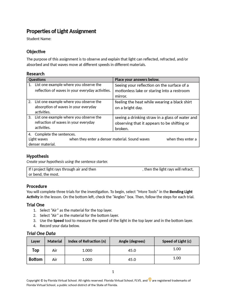 Properties of Light Assignment | PDF | Refraction | Light
