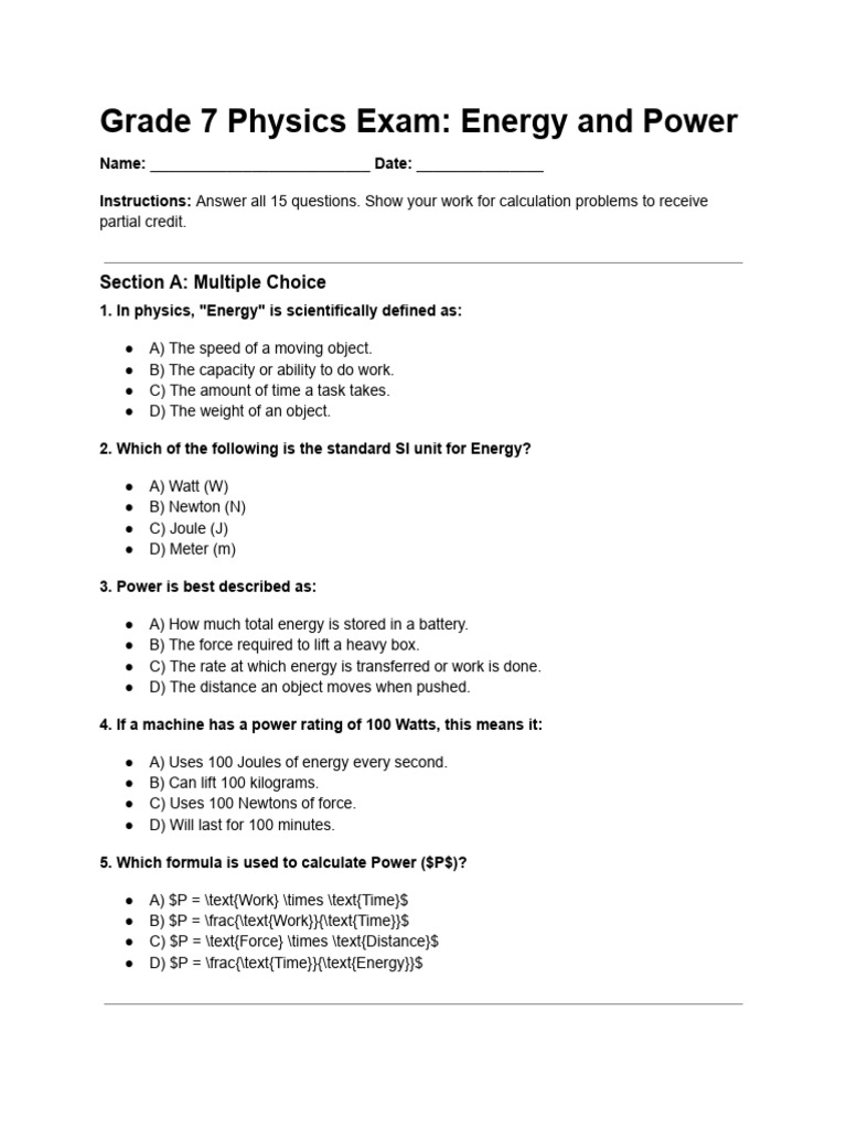 Grade 7 Physics Exam - Energy and Power | PDF | Watt | Power (Physics)