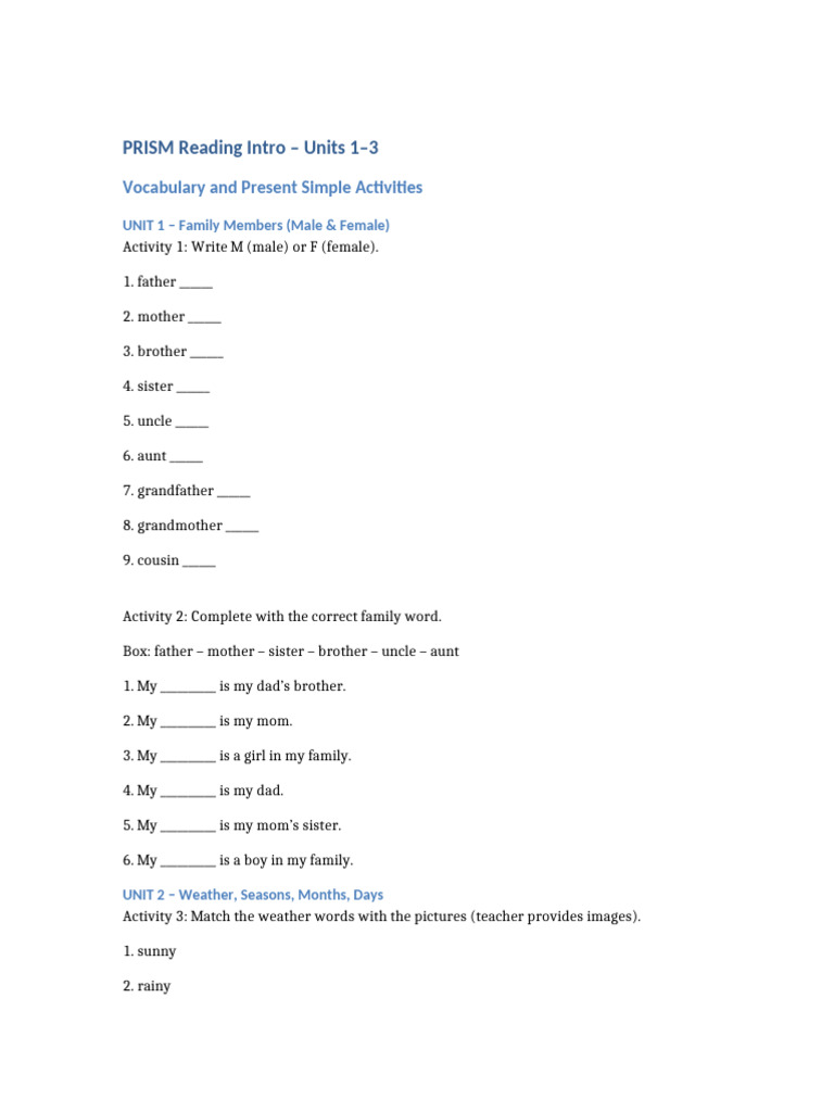 PRISM Intro Units 1-3 Vocabulary and Present Simple | PDF
