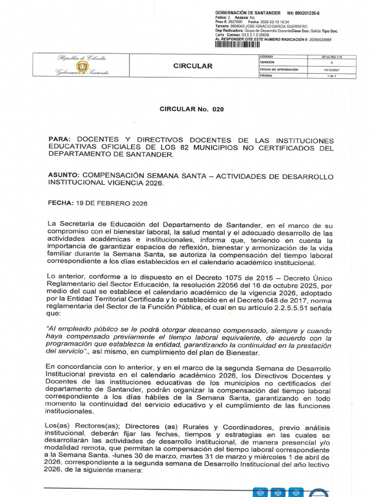 Circular 020 - 2026 Tiempo S Santa | PDF