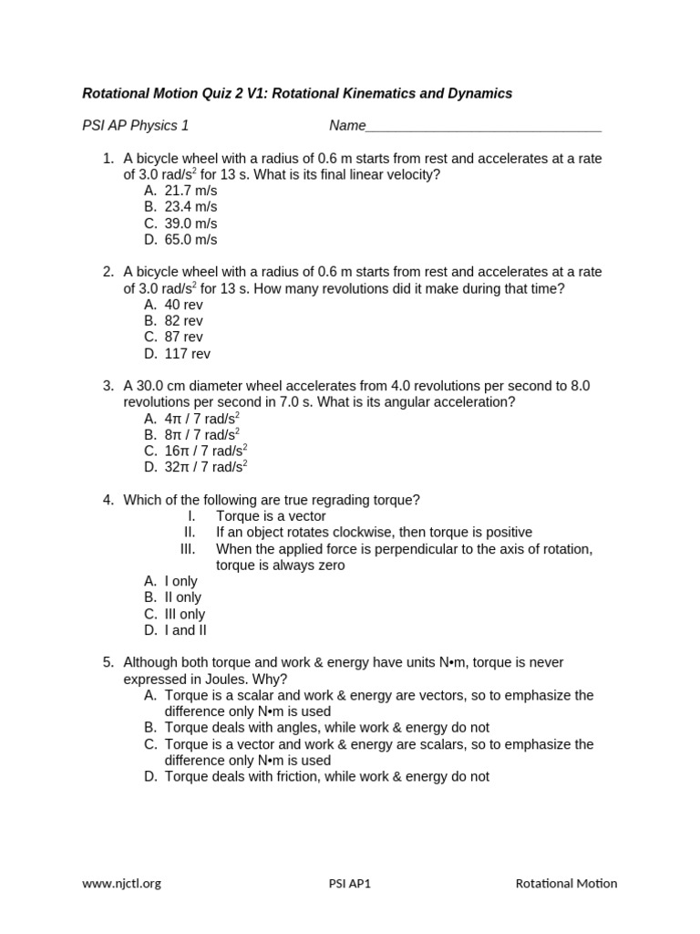 AP Phys1 Rotational Kinematics and Dynamics Reading Quiz v1 | PDF ...